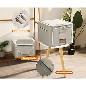 Furnhome 3 PACK 40L Oxford Cloth Steel Frame Storage Box, Clothes Storage Box Organizers with Foldable Clear Window & Reinforced Handles for Clothes,Closet,Comforters,Bedding, Blanket(Light Grey)