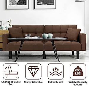 AVAWING Futon Sofa Bed, Modern Linen Fabric Convertible Sofa Bed Upholstered Sofa Couch Bed with Adjustable Back, Arms and High Strength Nylon Legs for Living Room, Apartment, Office（Brown）