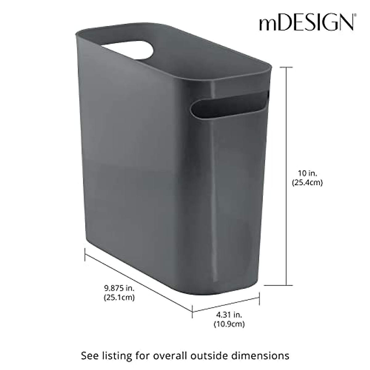 mDesign Plastic Small Trash Can, 1.5 Gallon/5.7-Liter Wastebasket, Narrow Garbage Bin, Handles for Bathroom, Laundry, Home Office - Holds Waste, Recycling, 10" High, Aura Collection, 4 Pack, Dark Gray