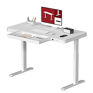 SANODESK Standing Desk with Drawer, Electric Height Adjustable Home Office Desk with Storage & USB Ports, 48 inch White Wood Tabletop/White Frame