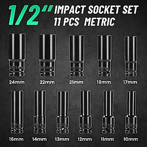 Seesii Professional Socket Set Wrench Kit, 11-Piece Metric 10-11-12-13-14-16-17-19-21-22-24mm, High-Torque C-V Steel Sockets for Automotive, Home Repair & DIY Projects