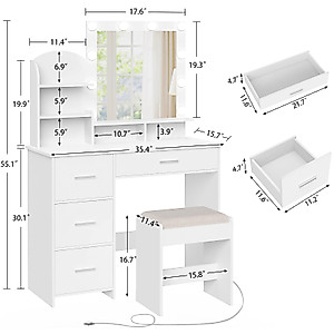 Quimoo Makeup Vanity with 10 Light Bulbs and Charging Station, Vanity Desk with Lighted Mirror & 4 Drawers Chest, Vanity Set, Vanity Table Set with Cushioned Stool, for Bedroom,White