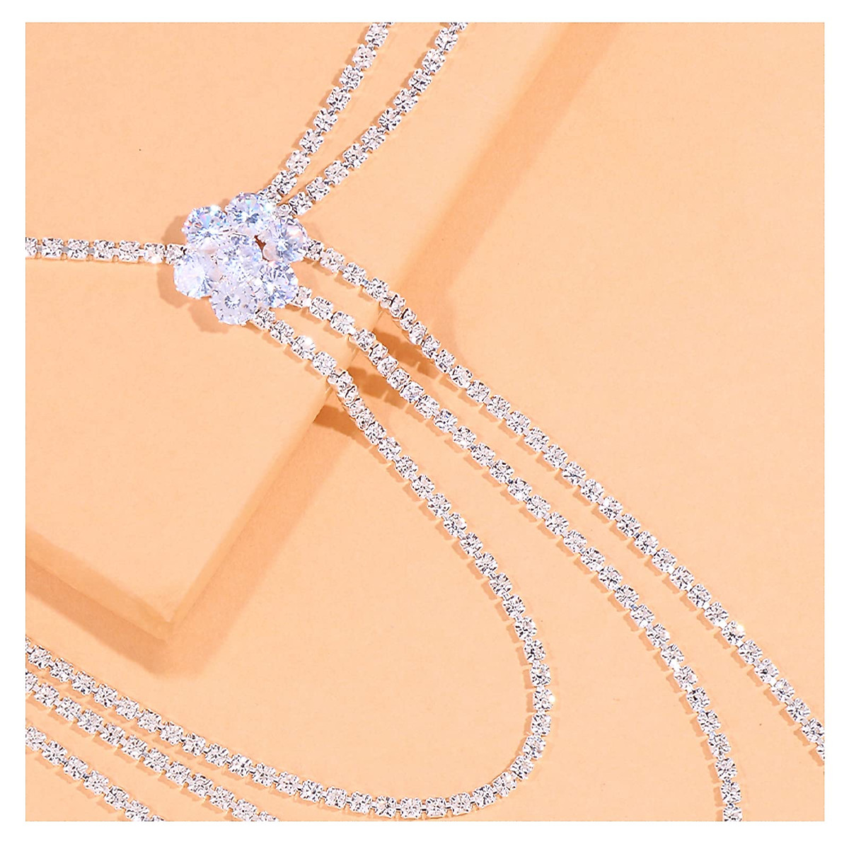 Luxury Rhinestone Shoulder Chain Necklace Layered Back Chain Flower Crystal Shoulder Harness Chain Statement Bridal Wedding Jewelry for Women (Flower)