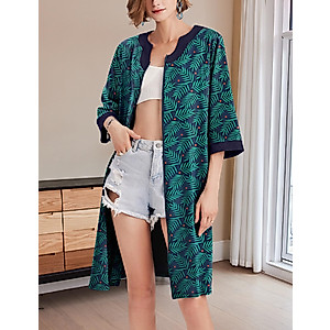 Ekouaer Women Zipper Robe 3/4 Sleeve Nightgowns Lightweight Short Bathrobe with Pockets Leaf Print,L