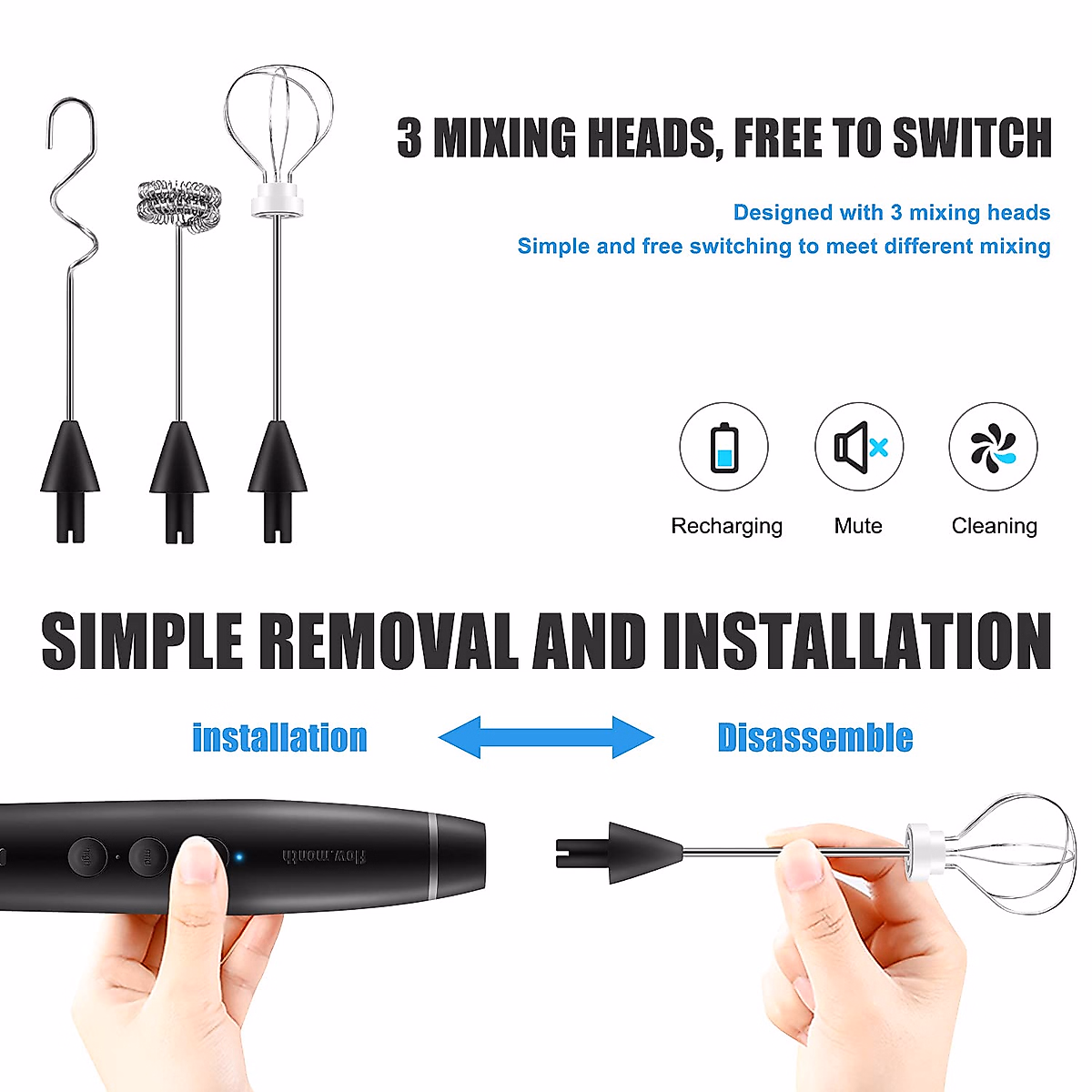 Fivtyily Milk Frother Handheld Rechargeable Foam Maker for Lattes,Electric 3 Whisks Drink Mixer for Bulletproof Coffee, Mini Foamer for Cappuccino Frappe Matcha Hot Chocolate (Black 3.0)