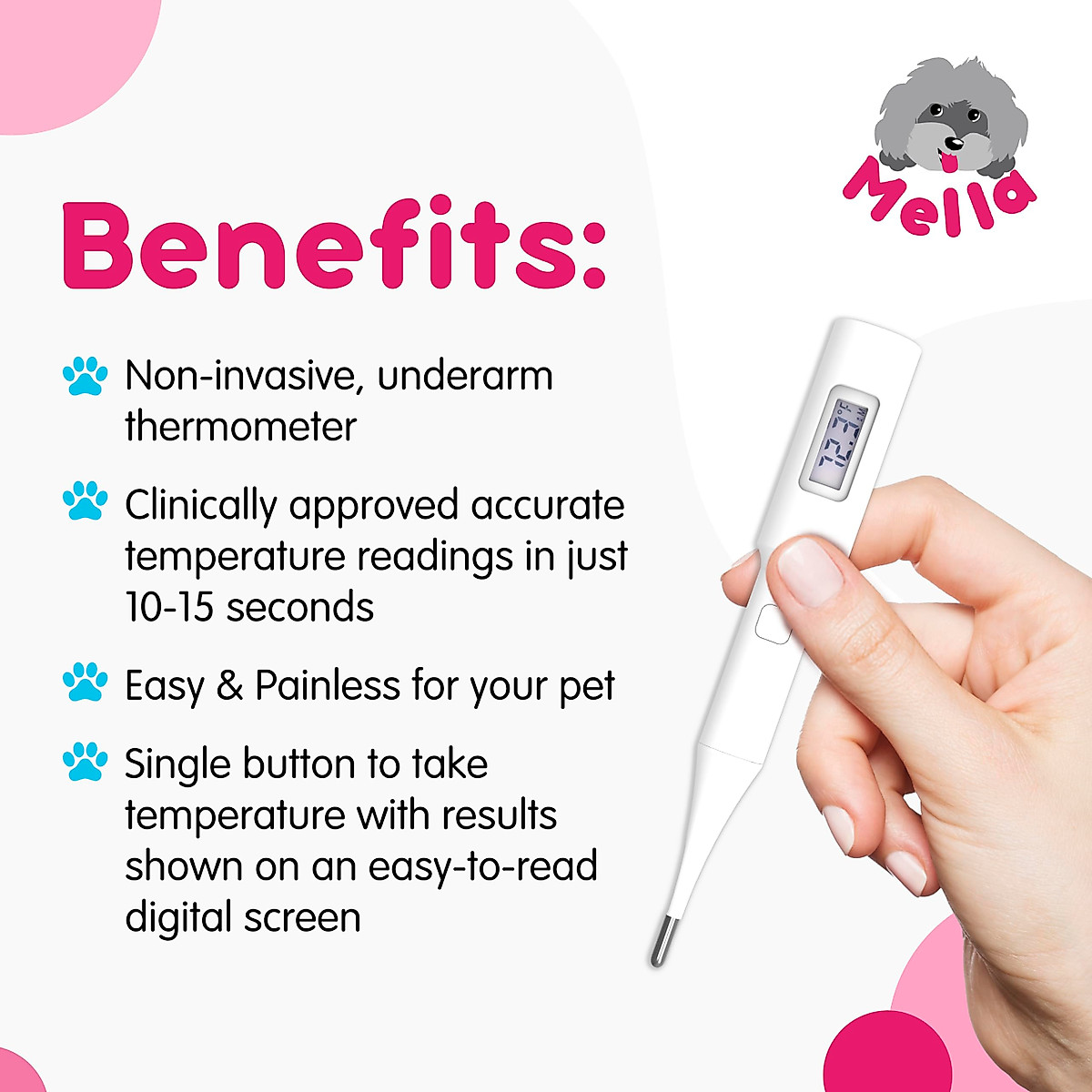 Mella Pet Thermometer - Non-Invasive - Underarm Fever Detection for Dog & Cat - Puppy Essentials and Pet Supplies