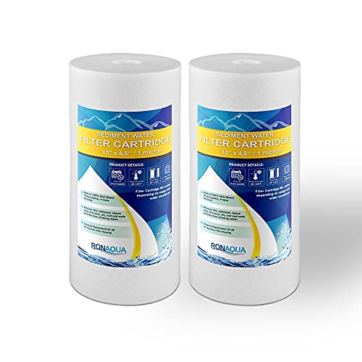 Big Sediment Replacement Water Filters 1 Micron 4.5"x 10" Cartridges by Ronaqua WELL-MATCHED with RFC-BBSA, W15-PR, WFHD13001B, GXWH35F, GXWH30C, HF45-10BLBK10PR and AP817(2 Pack, 10")