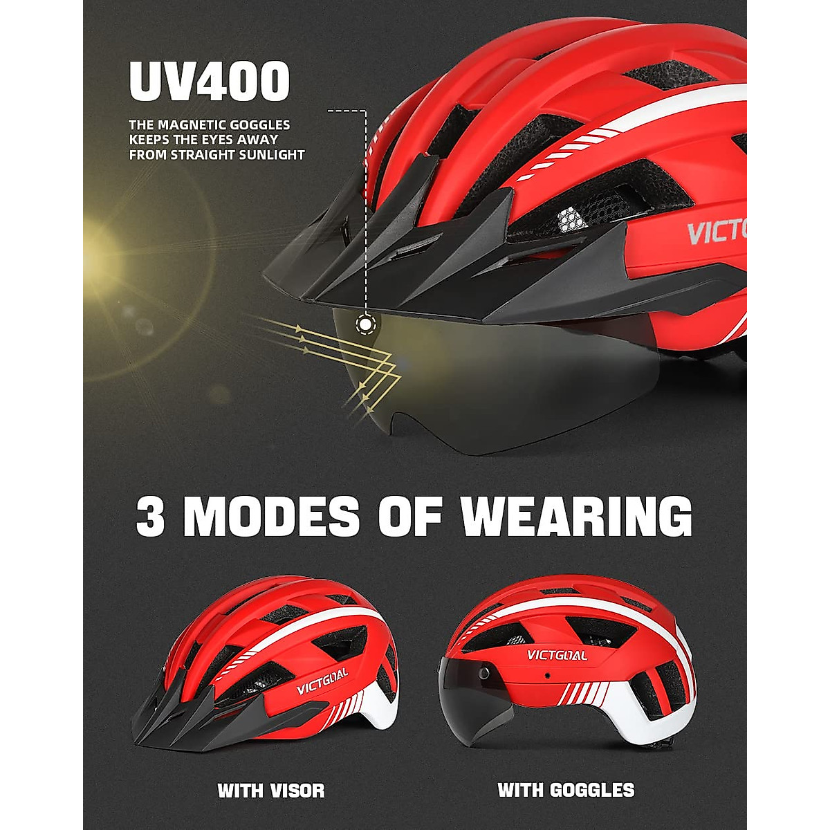 VICTGOAL Bike Helmet with USB Rechargeable Rear Light Detachable Magnetic Goggles Removable Sun Visor Mountain & Road Bicycle Helmets for Men Women Adult Cycling Helmets (L: 57-61 cm, Red)