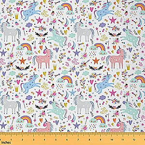 Unicorn Fabric by The Yard, Cartoon Rainbow Upholstery Fabric, Kawaii Love Heart Star Pattern Decorative Fabric, Colorful Girls Horse Animal Botanical Indoor Outdoor Fabric, Blue Pink, 1 Yard