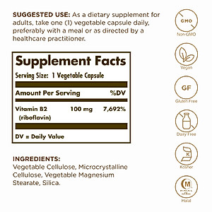 Solgar Vitamin B2 (Riboflavin) 100mg, 100 Vegetable Capsules - Energy Metabolism, Healthy Nervous System - Non-GMO, Vegan, Gluten Free, Dairy Free, Kosher, Halal - 100 Servings