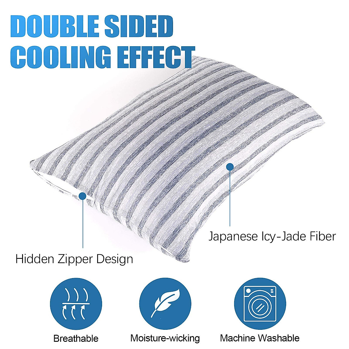 Ailemei Direct Cooling Pillowcase Set of 2, Double Sided with Hidden Zipper, Japanese Icy-Jade Fiber, Breathable and Moisture-Wicking, Easy to Clean, Machine and Hand Washable