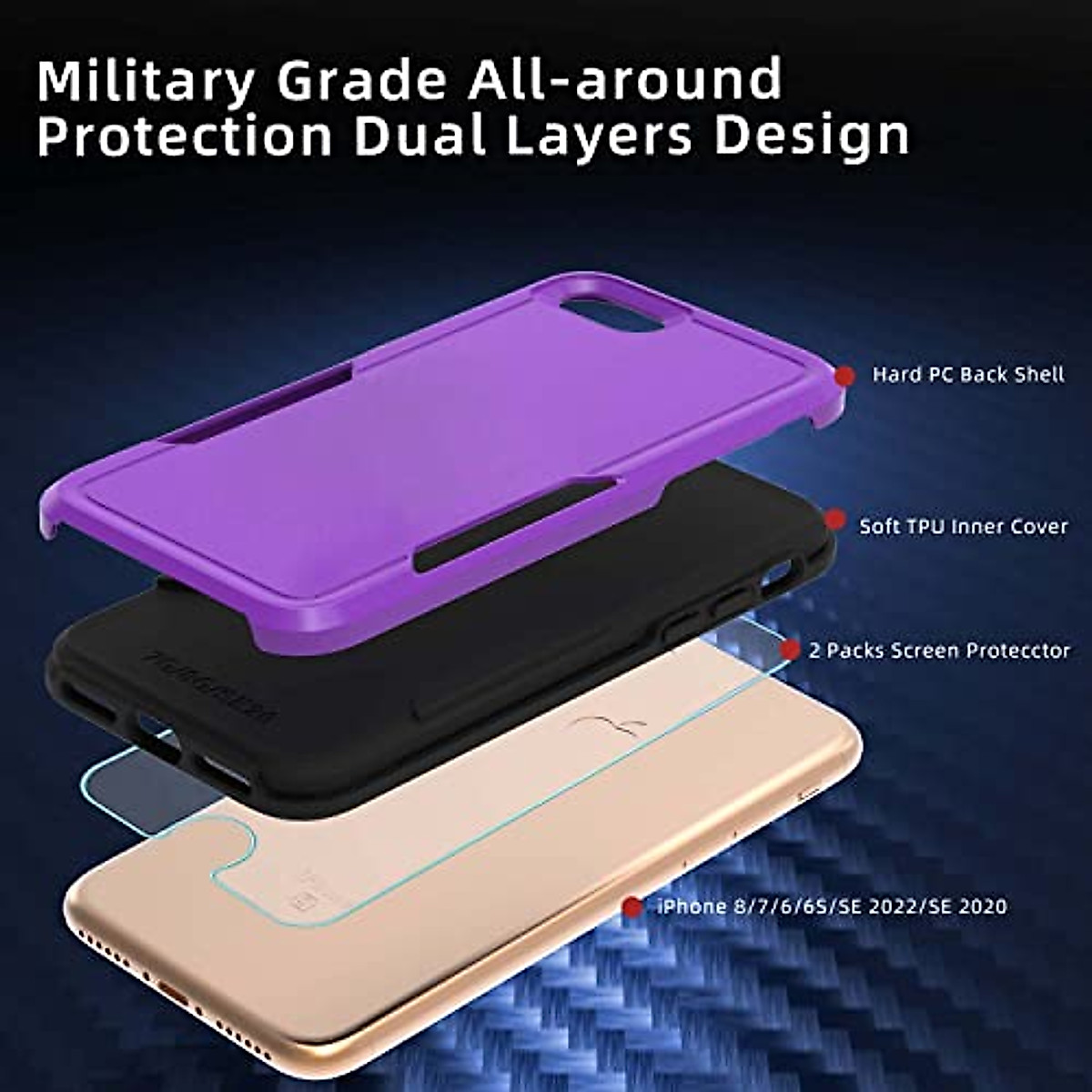 b1b byoneby Phone Case for iPhone SE 2022/SE 2020 iPhone 7/8 Heavy-Duty Shockproof Protective Rugged Cases with 2-Pack Glass Screen Protector Military Grade Fall Hard Cover,Purple