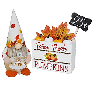 Fall Decorations for Home Indoor, Fall Thanksgiving Table Decor - Wooden Crate with 1 Fall Gnome Plush, 4 Mini Foam Pumpkins & 6 Fall Leaves, Farmhouse Fall Kitchen Tiered Tray Decor Mantle Shelf Desk