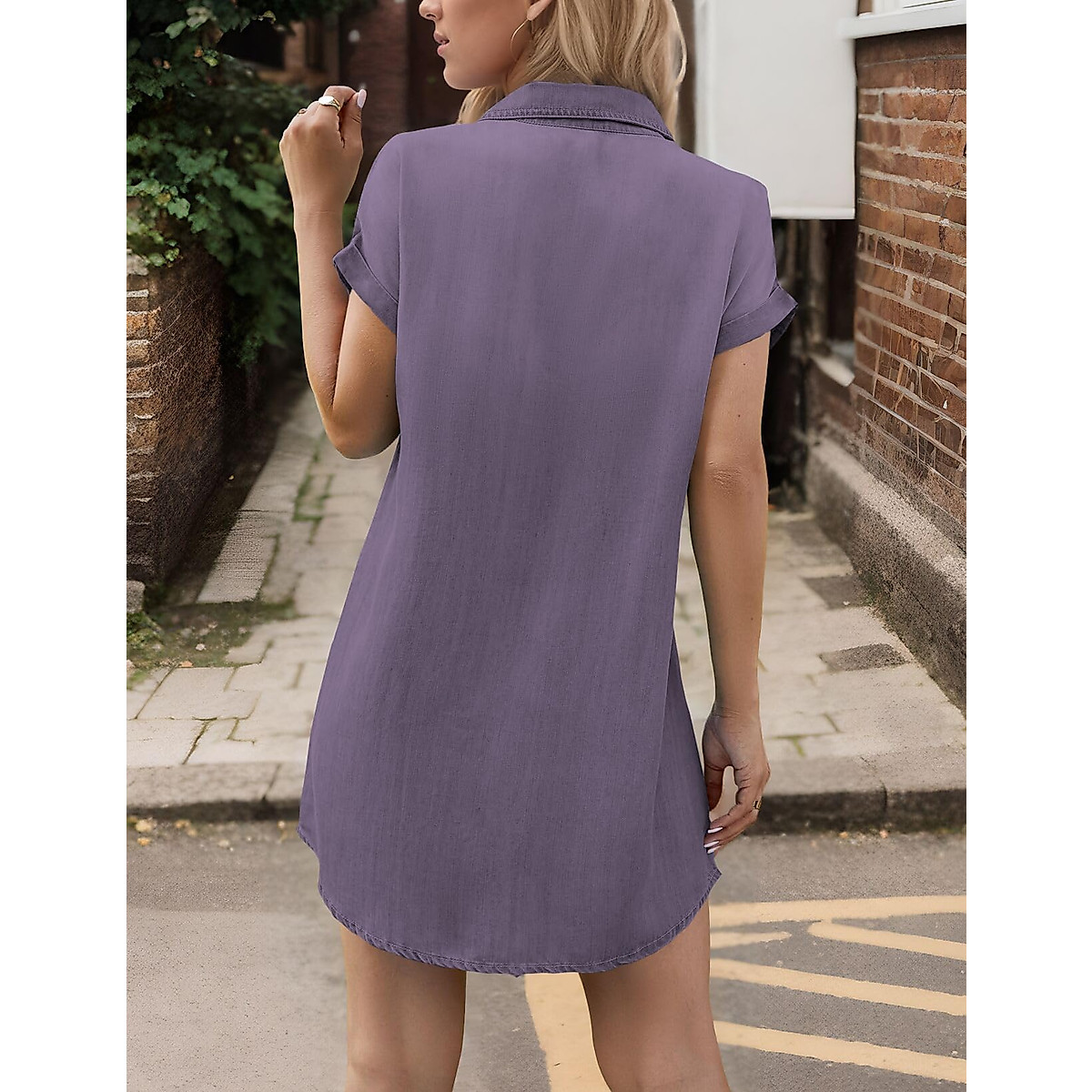 Zilcremo Women Denim Shirt Dresses Short Sleeve Distressed Jean Dress Button Down Casual Tunic Tops Purple XL