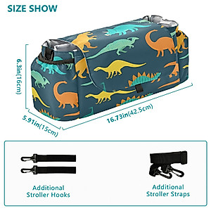 Blueangle Dinosaurs Pattern Stroller Organizer, 2 Cup Holders & Detachable Bag with Shoulder Strap Stroller Bag for Bottle, Diaper, Phone, Toys, Baby Items（370）