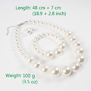 Daimay Large Big Simulated Pearl Statement Women's Faux Pearl Crystal Choker 19" Necklace Bracelet and Earrings Jewelry Set Round Beads Turquoise Necklace Bib for Brides Wedding Party – White