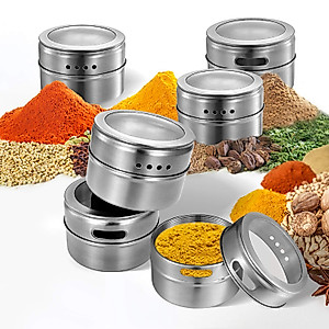 Beeyoka Magnetic Spice Jars,12 Pcs Stainless Steel Spice Tins with Lid and Small Holes for Sprinkle Rust Free Easy to Clean Includes 94 Labeling Stickers