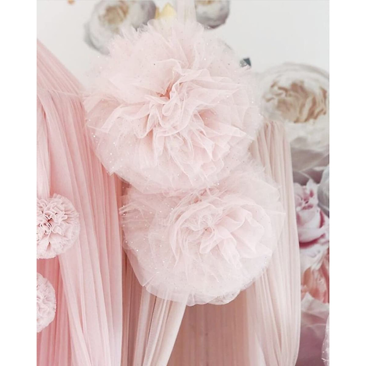 ADESIGNSTORE Baby Girl Pink Princess Canopy with tulle pom poms set of two Fluffy bedroom decoration Baby House play room nook decor