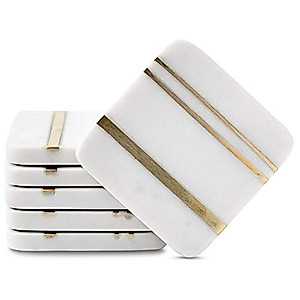 Cork & Mill Marble Coasters for Drinks - Set of 6 Handcrafted Modern Coasters - White Drink Coasters with Gold Brass Inlay - Made from Real Solid Marble