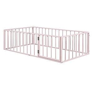 Acosure Twin Size Metal Floor Bed Frame with Fence and Door, Versatile Montessori Beds,No Box Spring Needed,Easy to Install,for Kids,Boys,Girls,Pink