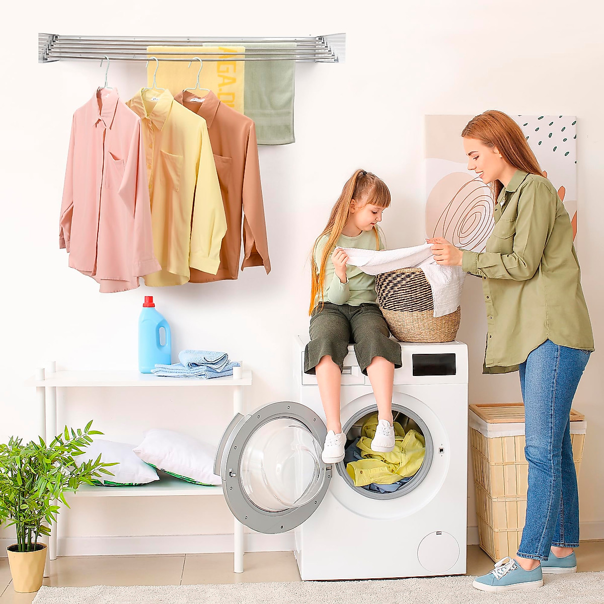 JolyBay Wall Mounted Laundry Drying Rack, Retractable Clothes Drying Rack for Bathroom with Wall Template, 5 Stainless Rods Heaving 60 lb Capacity (White, 40")