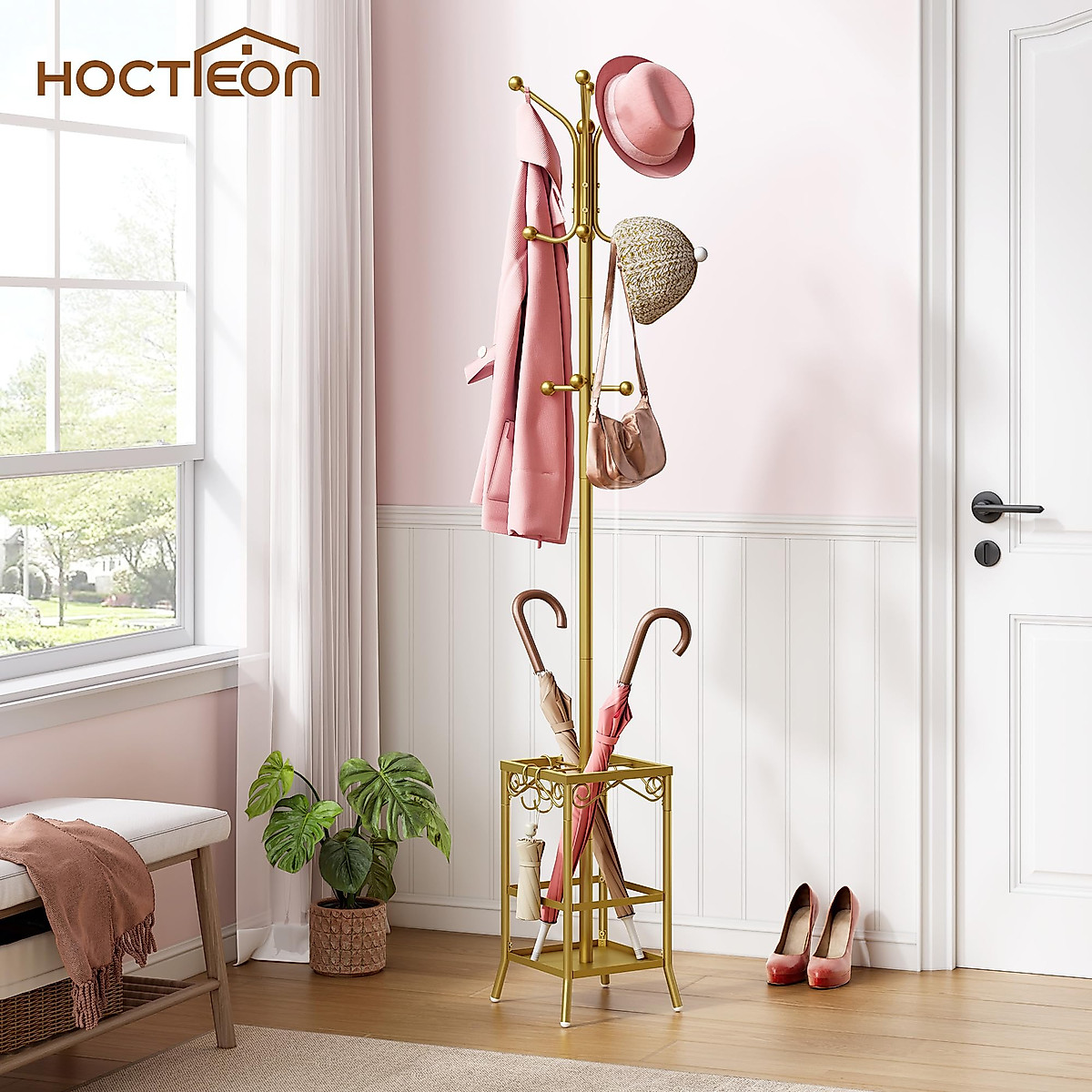 Hoctieon Coat Rack Freestanding, Coat Hanger Stand,Umbrella Holder, Hall Tree With 12 Hooks, Standing Coat Rack,Floor Standing Metal Umbrella Tree Stand, Gold