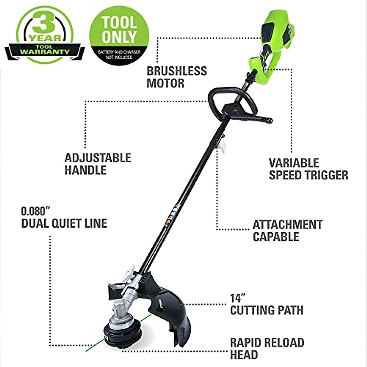 Greenworks 40V 14 inch String Trimmer, Battery Not Included, Tool Only, 2100202