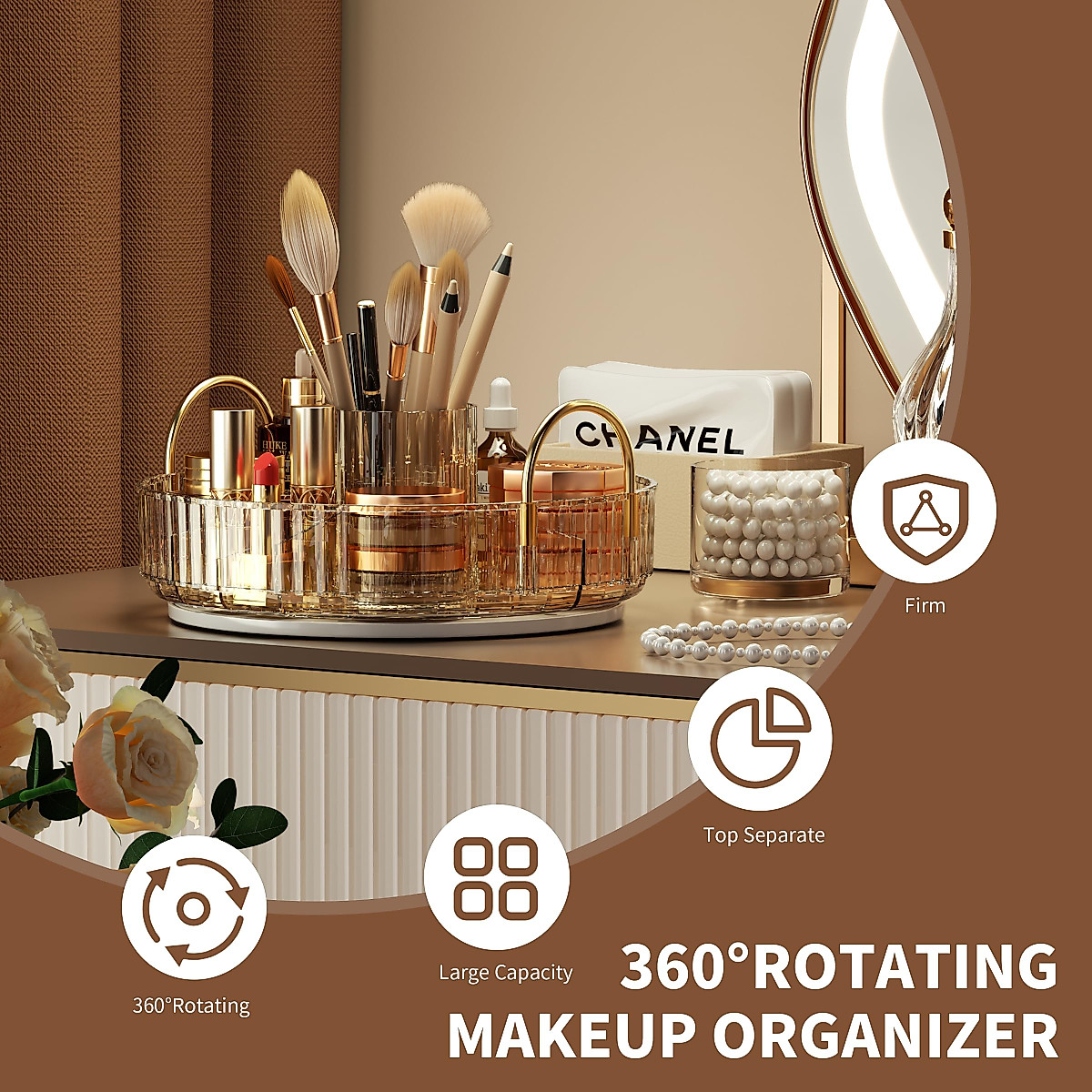 YCIA&DONE Rotating Makeup Organizer for Vanity, Large Capacity Make Up Storage Skin care Shelf Perfume Holders Cosmetic Dresser Organizer Countertop Spinning 360 (Amber Gold, 1Tier)