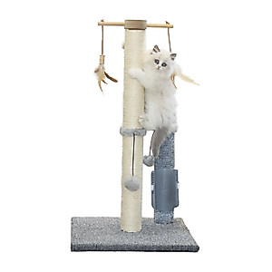 PAWSFANS Cat Scratching Post,Sisal Scratch Posts Vertical Scratcher for Indoor Cats and Kittens,with self Grooming Bursh and Interactive Toys 30 Inches Tall Grey