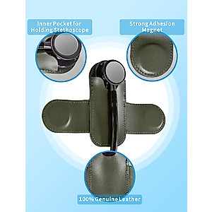 CaseLeather Stethoscope Holder, Genuine Top-Grain Leather | Strong & Durable | Magnetic Closure - Easy Access | for Doctors, Nurses, Adult (Green)