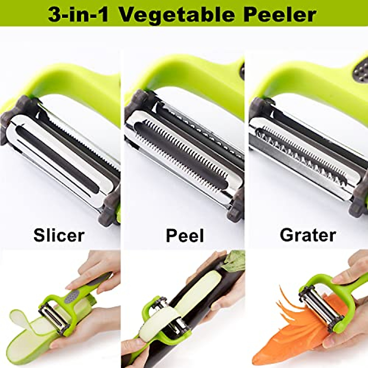 JIANYI Julienne Peeler, 3 in 1 Swift Julienne Peeler Vegetable Peeler, Carrot and Potato Peeler with Rotating Serrated Straight and Julienne Stainless Steel Slicer Blades
