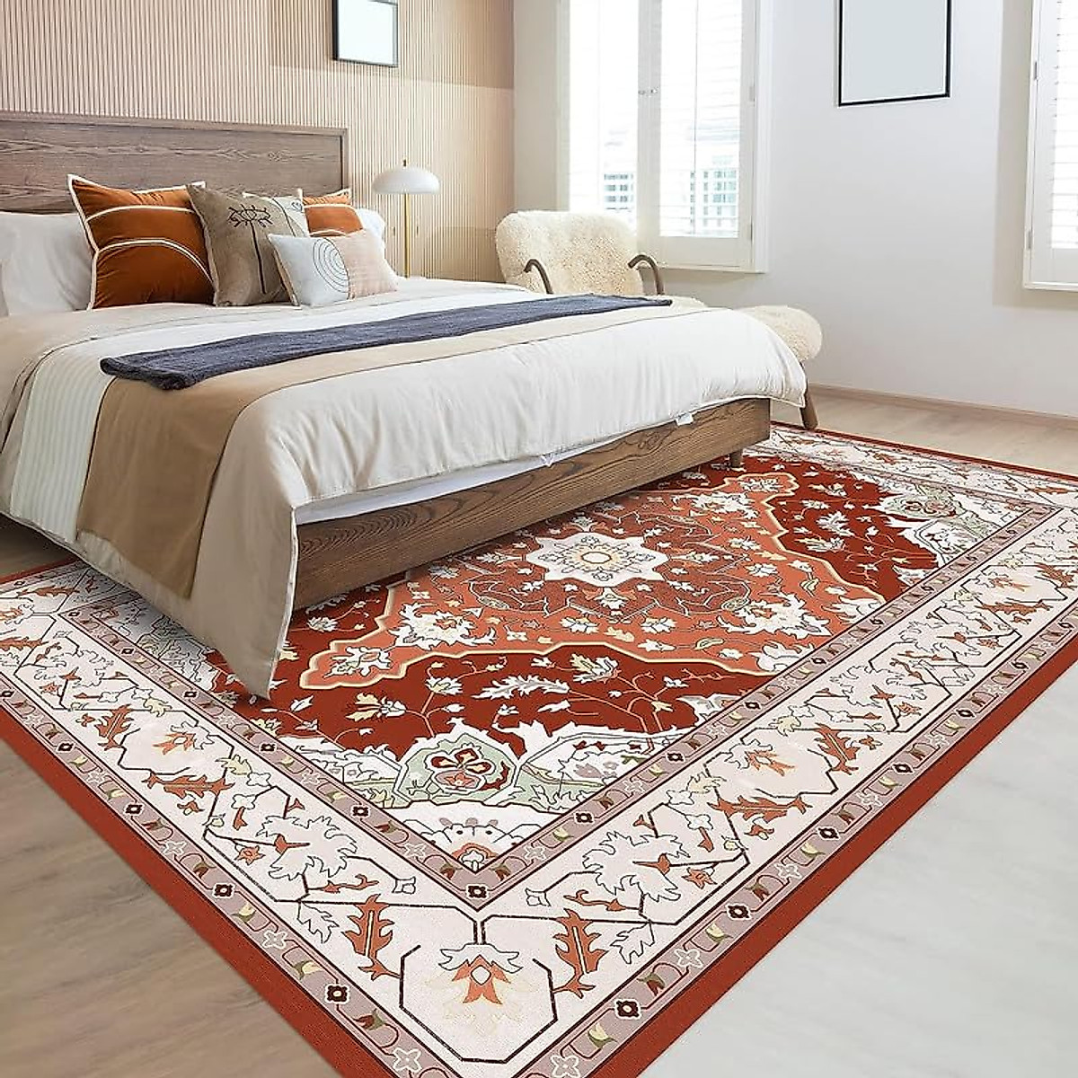 HOMFINE Washable Area Rug 8x10 - Vintage Rugs for Living Room, Low Pile Rug for Bedroom Dining Room, Ultra-Soft, Non Slip, Medallion Carpet for Home Decor Orange Area Rug