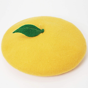 Green Leave Fruit Cosplay Beret Vintage Painter Hat Lolita Kawaii Wool Cap Xmas Gift (Lemon Yellow)