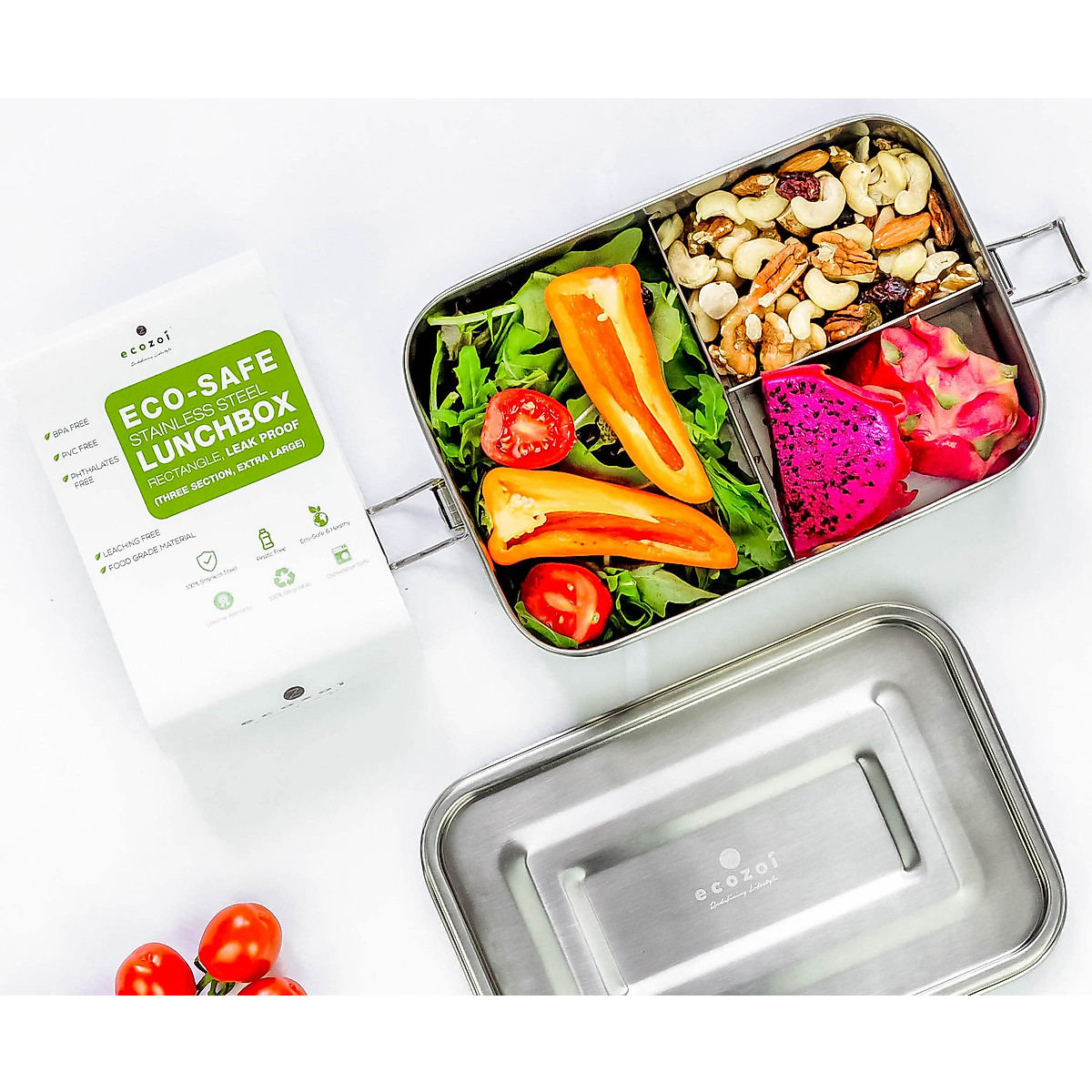 ecozoi Stainless Steel Lunch Box, Leak Proof 3 Compartment, Medium | Redesigned Silicone Seal | Sustainable Zero Waste Eco Friendly Bento Box Food Storage Container