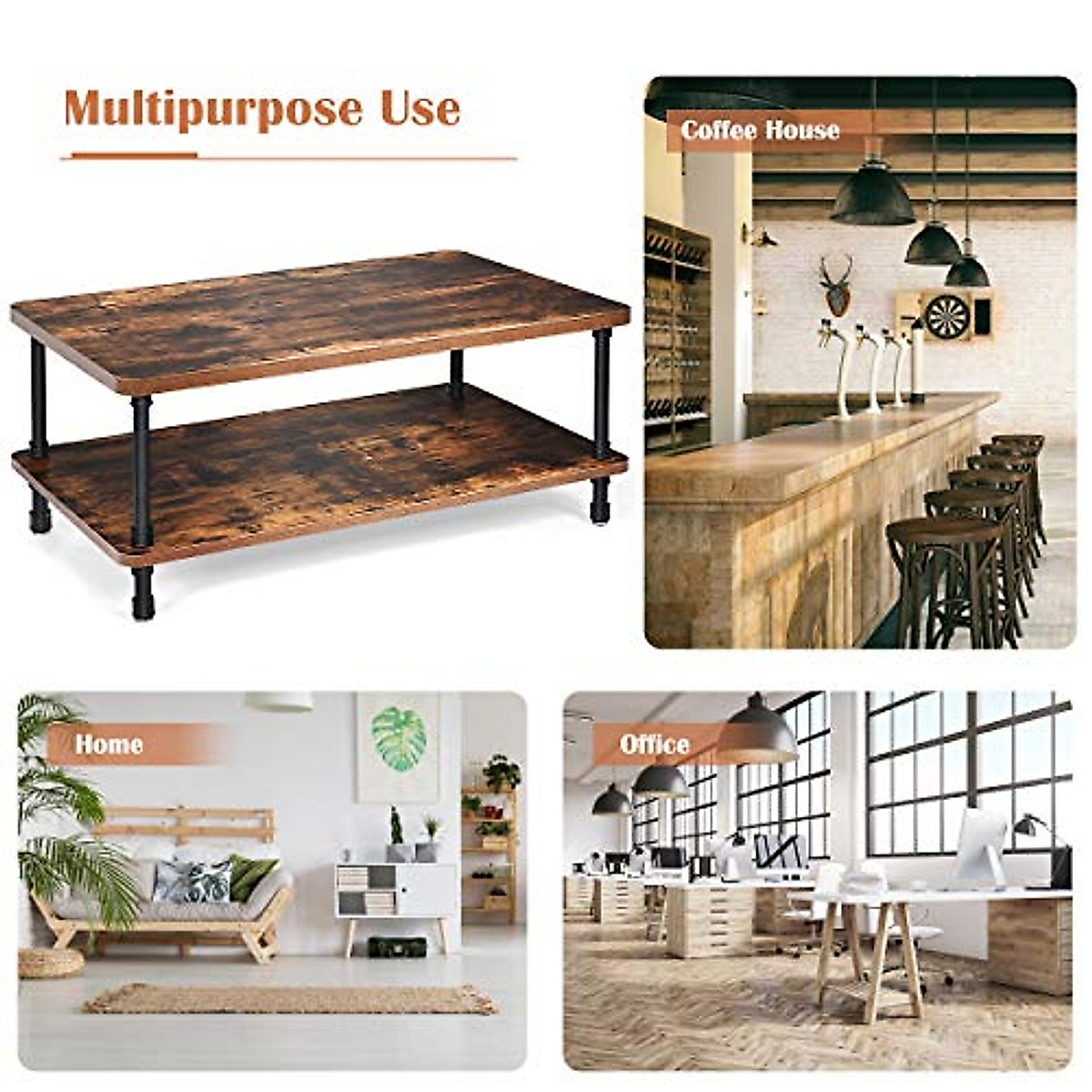 Giantex Retro Coffee Table W/Thick Tabletop, Industrial Steel Pipe Legs & 2-Tier Storage Shelf Accent Table for Living Room, Reception Room, Easy Assembly Center Table, Rustic Brown