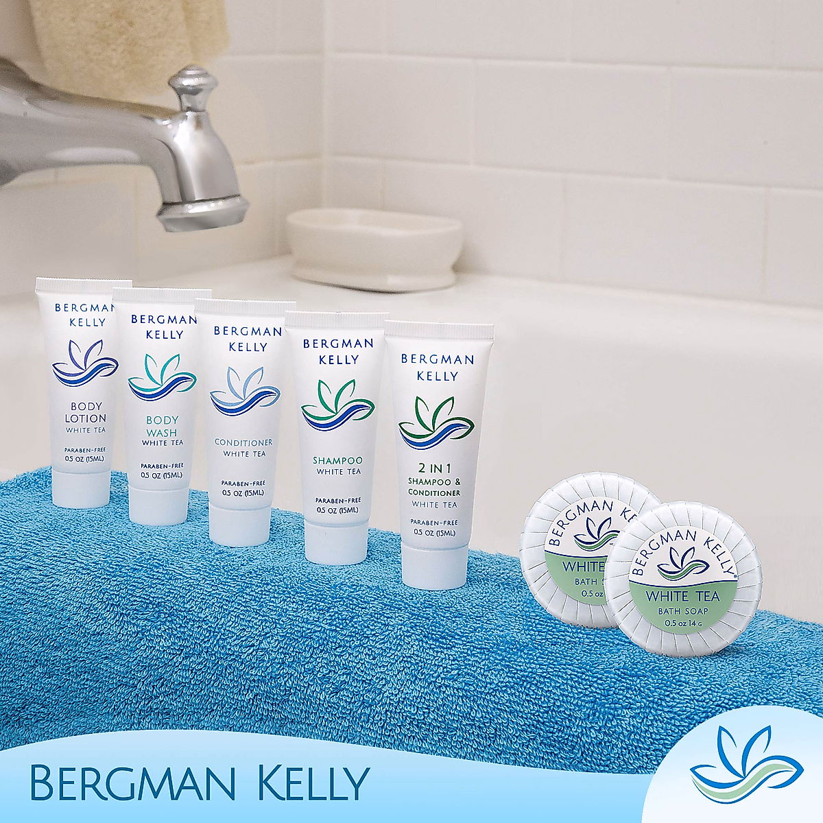 BERGMAN KELLY - Hotel Soap Bars - White Tea, 0.5 oz, 100 PK - Travel Size Luxury Bulk Amenities Bar Soap, Mini Individually Wrapped Round Soap - Small Toiletries for Airbnb, Motel, Guest Bathroom