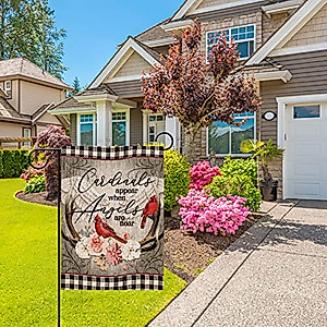 Hzppyz Cardinals Appear When Angels are Near Spring Peony Flower Home Decorative Garden Flag, Buffalo Plaid House Yard Red Bird Double Sided, Outside Decoration Farmhouse Outdoor Small Decor 12x18