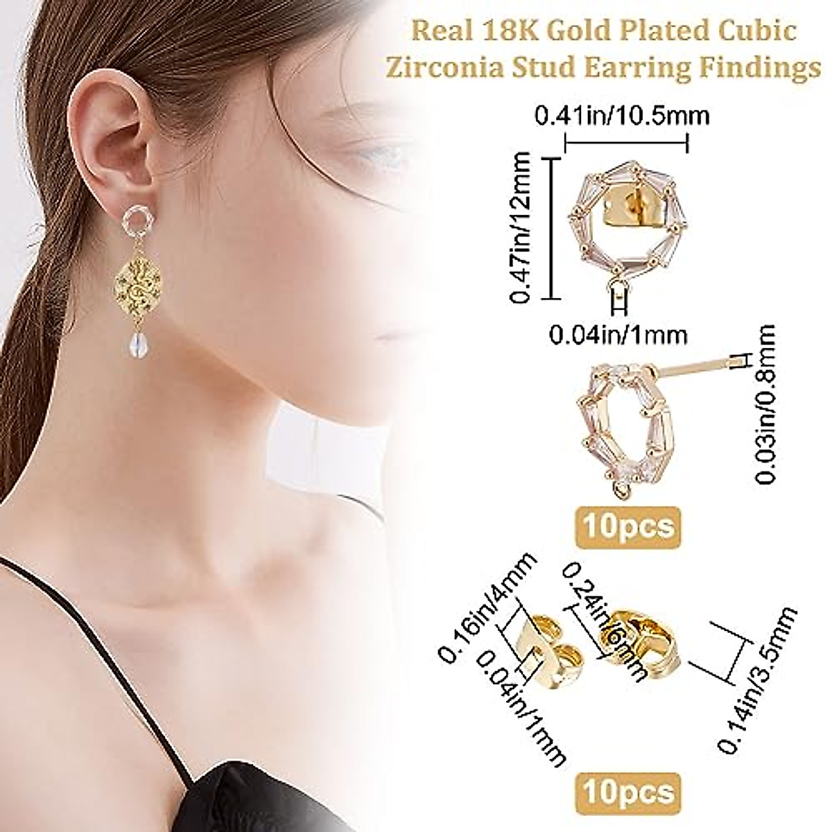 Beebeecraft 1 Box 20Pcs Circle Stud Earring 18K Gold Plated Cubic Zirconia Horizontal Loops Studs Posts Accessories with Friction Ear Nuts for Women Earring Making Supplies