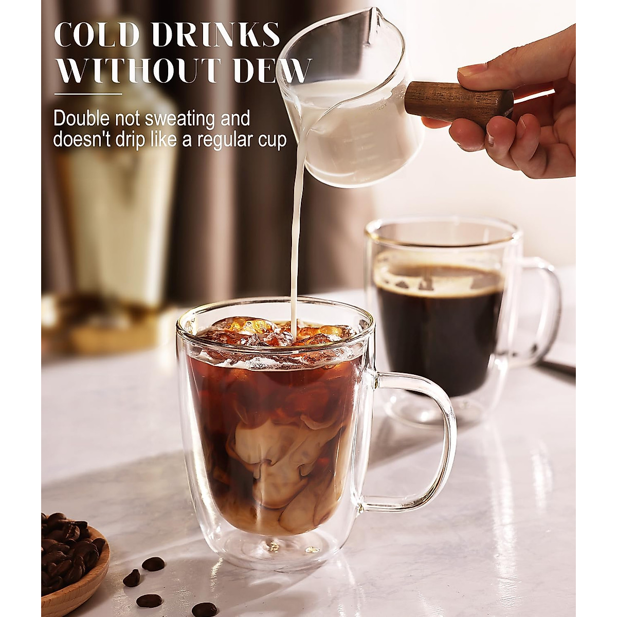 OJA Double Walled Coffee Mugs Set of 4-12.5oz Clear Coffee Cup with Handle for Cappuccino, Tea Bag, Latte Espresso Americano - Insulated, Heat Resistant Beverage Glasses Borosilicate Glass