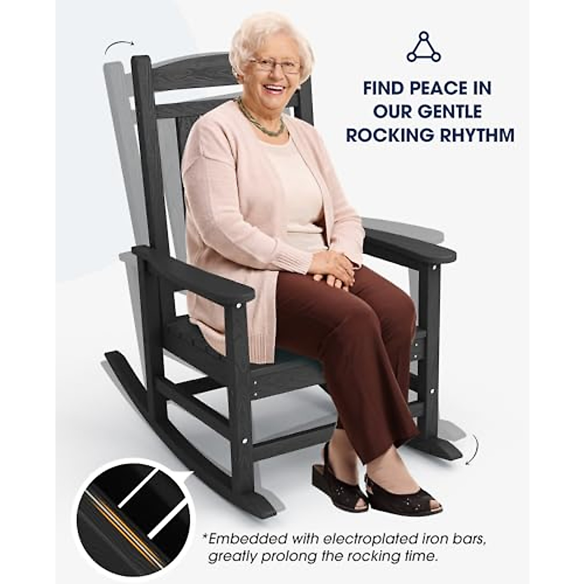 KINGYES Outdoor Rocking Chairs, HDPE All-Weather Patio Rocking Chairs High Back Porch Rocker for Adult, Black