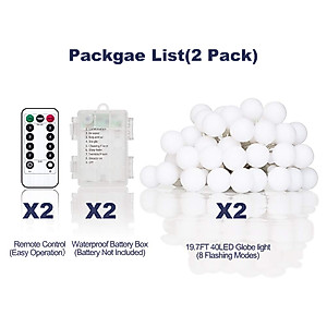 YOZATIA Globe String Lights 2 Pack 19.7ft 40 LED Battery Operated Warm White Waterproof, Globe Fairy String Lights 8 Modes with Remote Control, Perfect for Indoor, Outdoor, Bedroom, Party, Christmas
