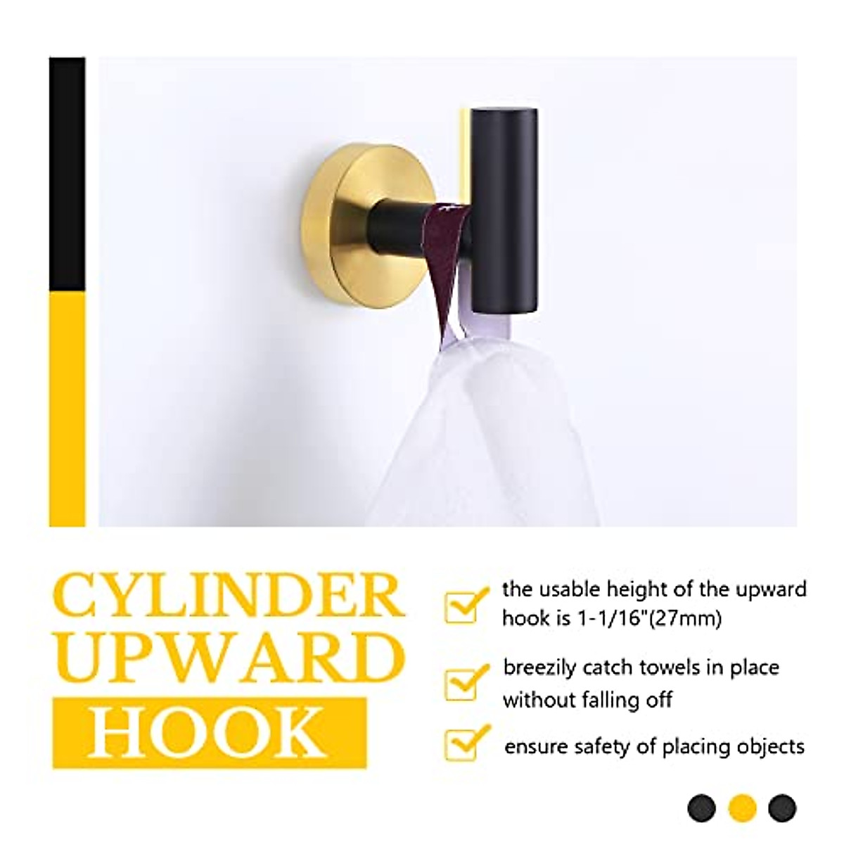 APLusee Robe Towel Hook Matte Black and Gold, 304 Stainless Steel Single Prong Coat Hook Bathroom Kitchen Garage Home Storage Round Utility Hanger