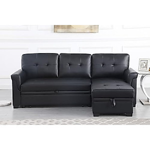 Lilola Home Lexi Black Synthetic Leather Modern Reversible Sleeper Sectional Sofa with Storage Chaise