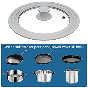 TOPULORS Universal Lid for Pots, Pans, and Skillets - Tempered Glass Lid with Silicone Rim Fits 8", 9", 9.5" Inner Diameter Cookware Frying Pan Cover Replacement Lid - Dishwasher Safe, Grey