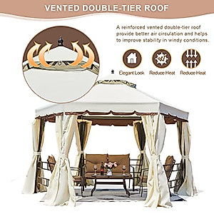 Erommy 12FT Outdoor Canopy Gazebo Hexagonal, Double Roof Patio Gazebo Steel Frame Pavilion with Netting and Shade Curtains for Garden,Patio,Party Canopy, Cream