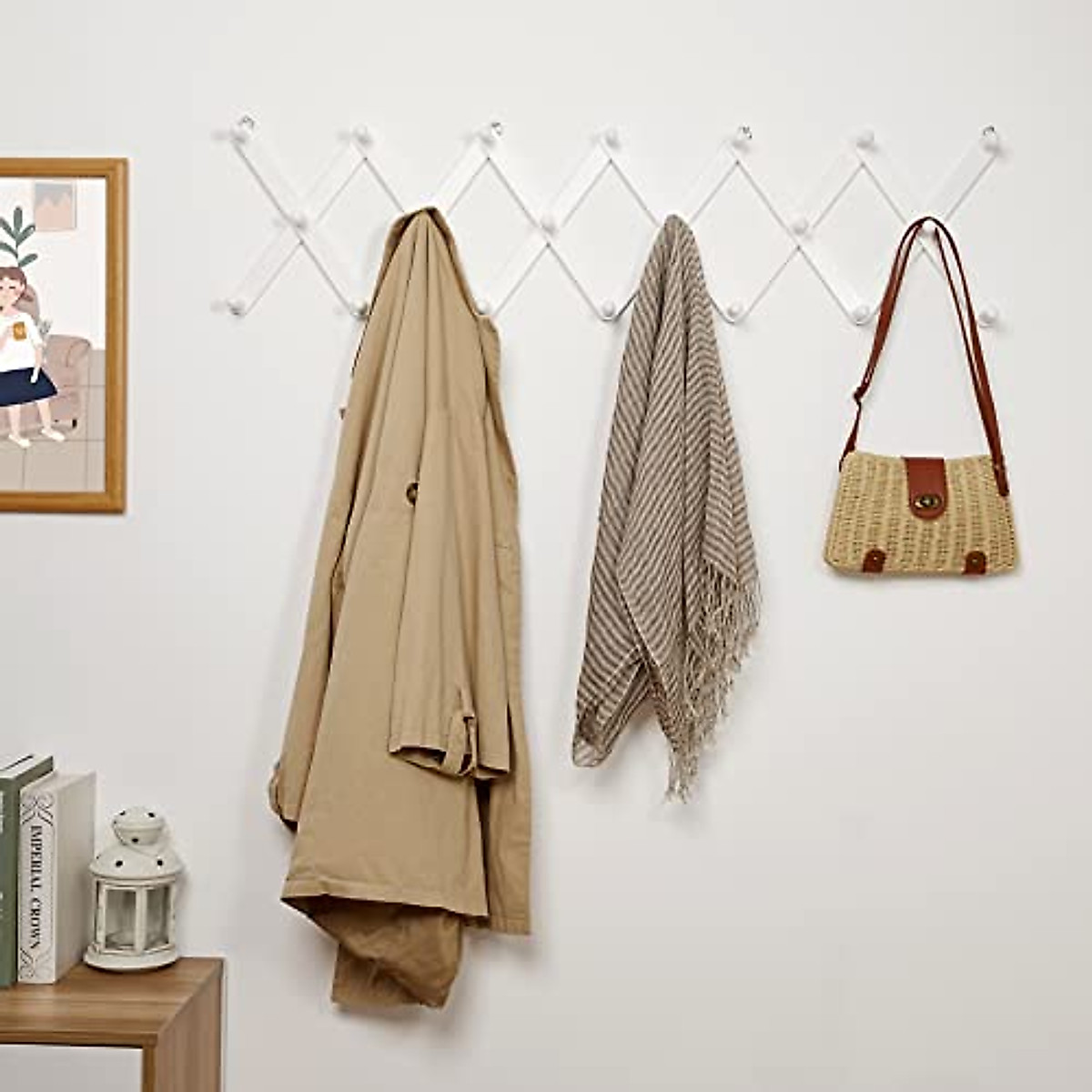 BSFHH Wooden Wall Hanger Expandable Coat Rack Accordion Design 14 Peg Hooks for Hanging Storage Clothes, Hats,Caps,Scarves,Purses,Mug,Towels,Umbrella,Accessories,Mugs,X Shape