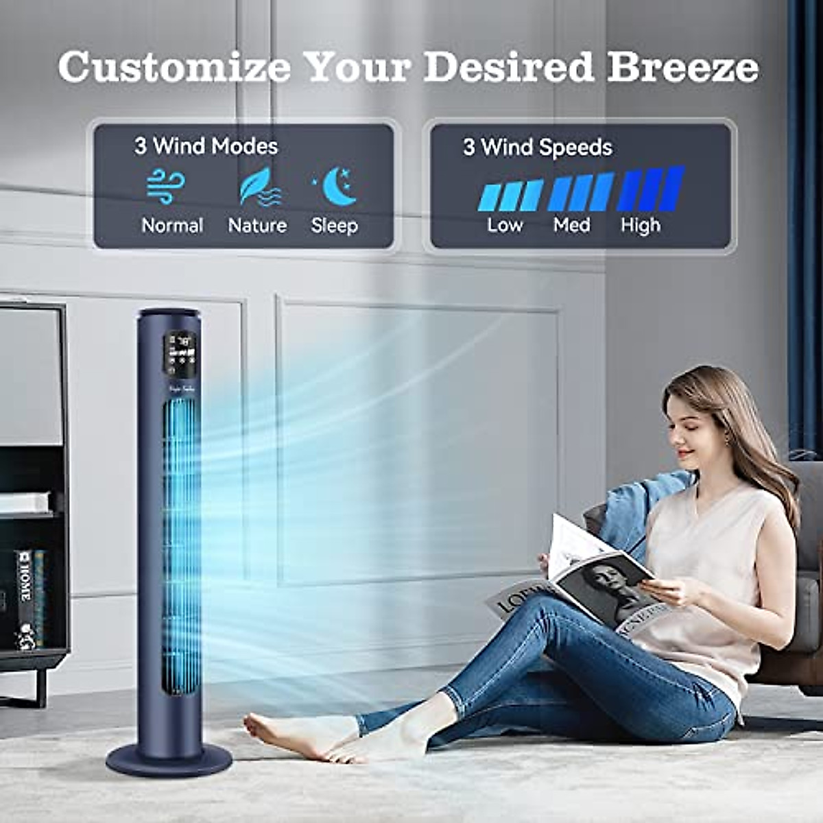 Taylor Swoden Tower Fan with Remote, Oscillating Quiet Standing Bladeless Fans, 40” Portable Powerful Floor Fan Cooling for Home, Bedroom, Living Room, Office, 3 Modes 3 Speed Setting 24H Timer