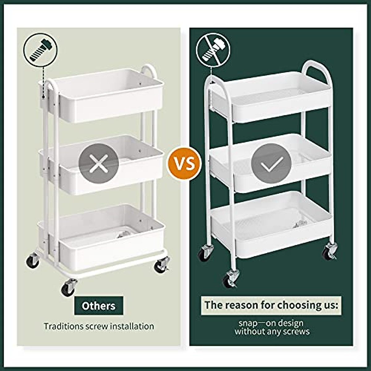 Organize with 3 Tier No Screw Rolling Storage Cart
