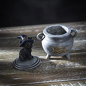 Pacific Giftware Black Cat with Witch Hat Sitting on Cauldron Box, Polyresin Jewelry or Coin Holder, 3.93 Inches x 3.14 Inches x 5.5 Inches