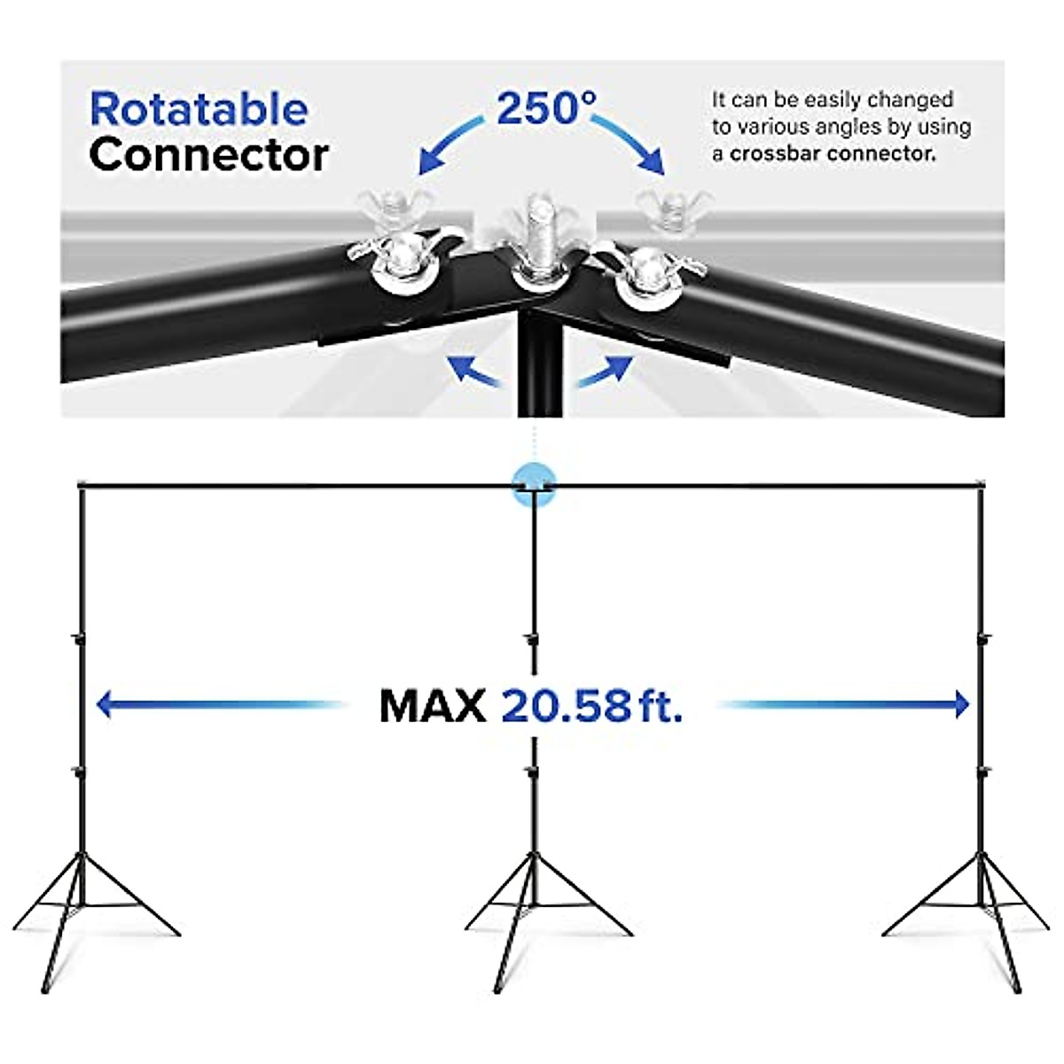 Julius Studio 20 feet Max Crossbar, 250° Rotatable Angle, Double Wide Telescopic Backdrop Stands, Background Support System with 6 Spring Clamps and 3 Counter Weight Sand Bags, JSAG794